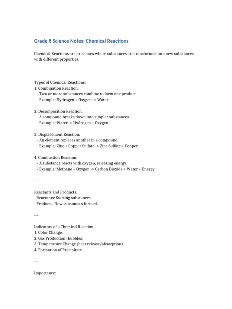 Grade 8 Chemical Reactions Overview | PDF