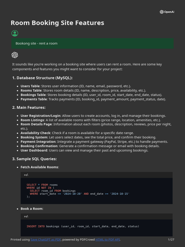 Room Booking Site Features(5) | PDF | Databases | Ajax (Programming)