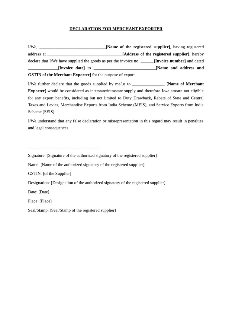 Declaration From Registered Supplier To Merchant Exporter | PDF