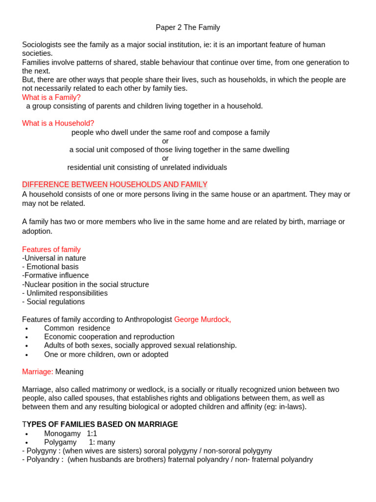 Paper 2 The Family - Functionalist Perspective Notes | PDF | Family ...