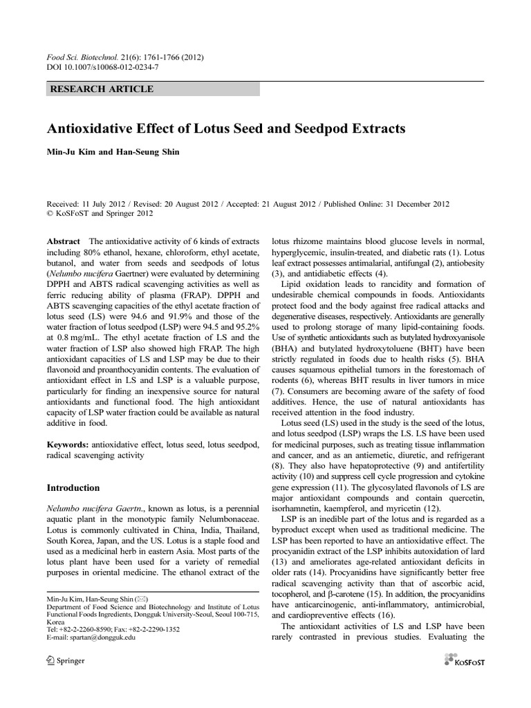 Antioxidative Effect of Lotus Seed and Seedpod Extracts | PDF ...