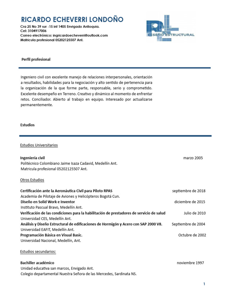 0. Curriculum Vitae RICARDO ECHEVERRI Octubre 2024 | PDF | Ingeniería
