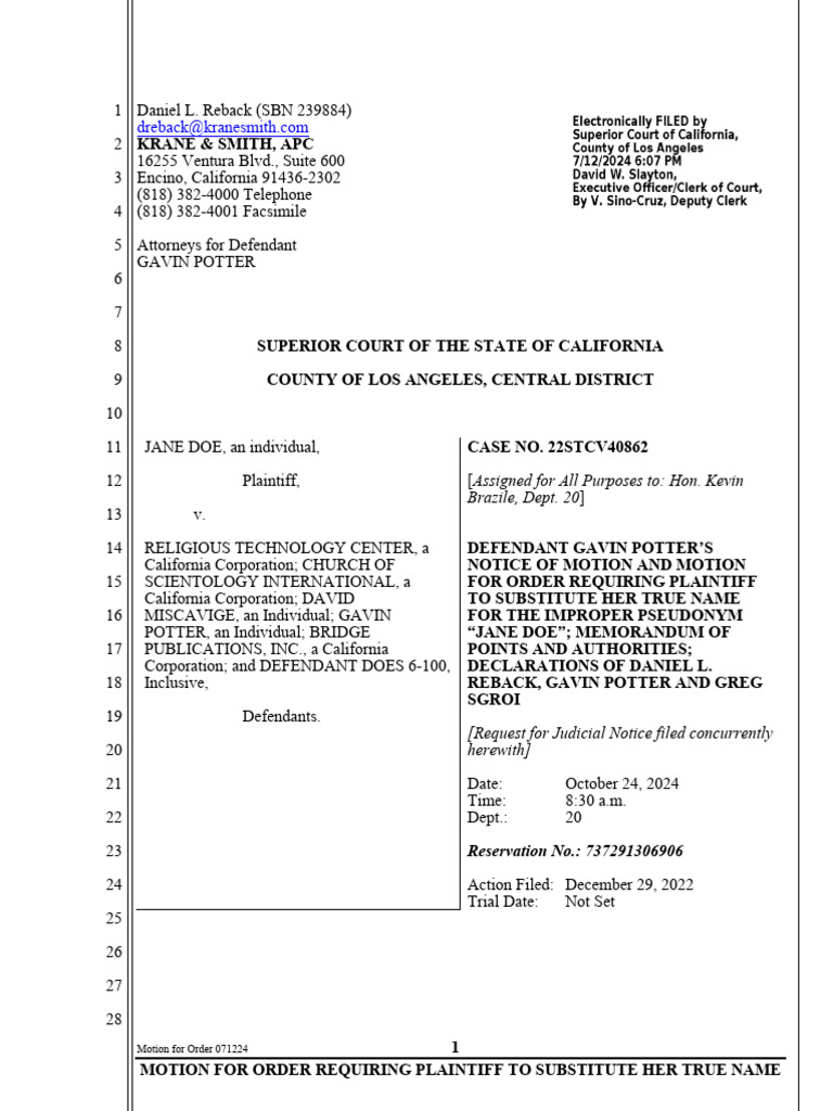 Gavin Potter's Motion For Order Requiring Jane Doe To Use True Name ...