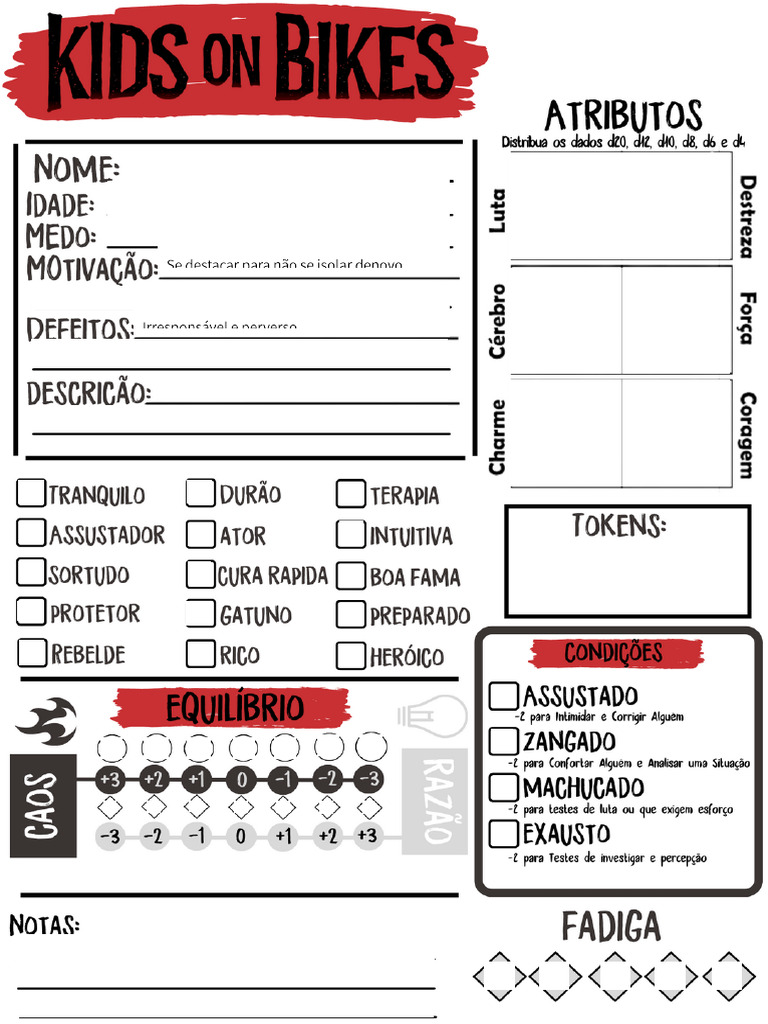 Kids on Bikes Rpg Ficha Editável | PDF