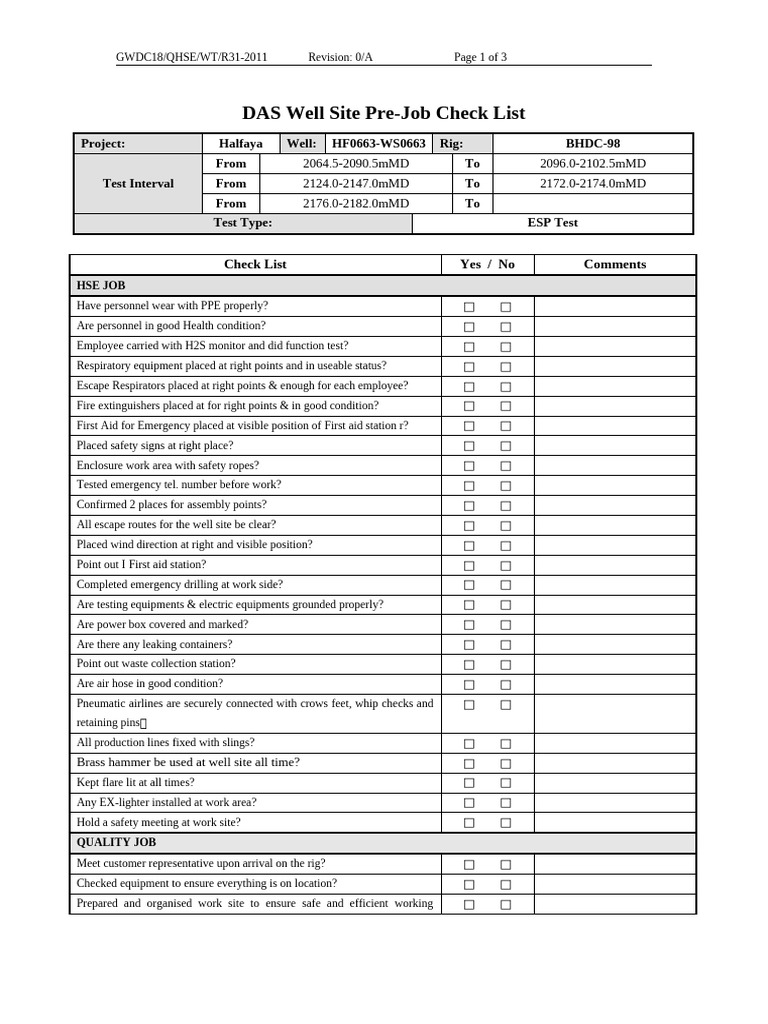 DAS Well Site Pre-Job Checklist | PDF | Equipment