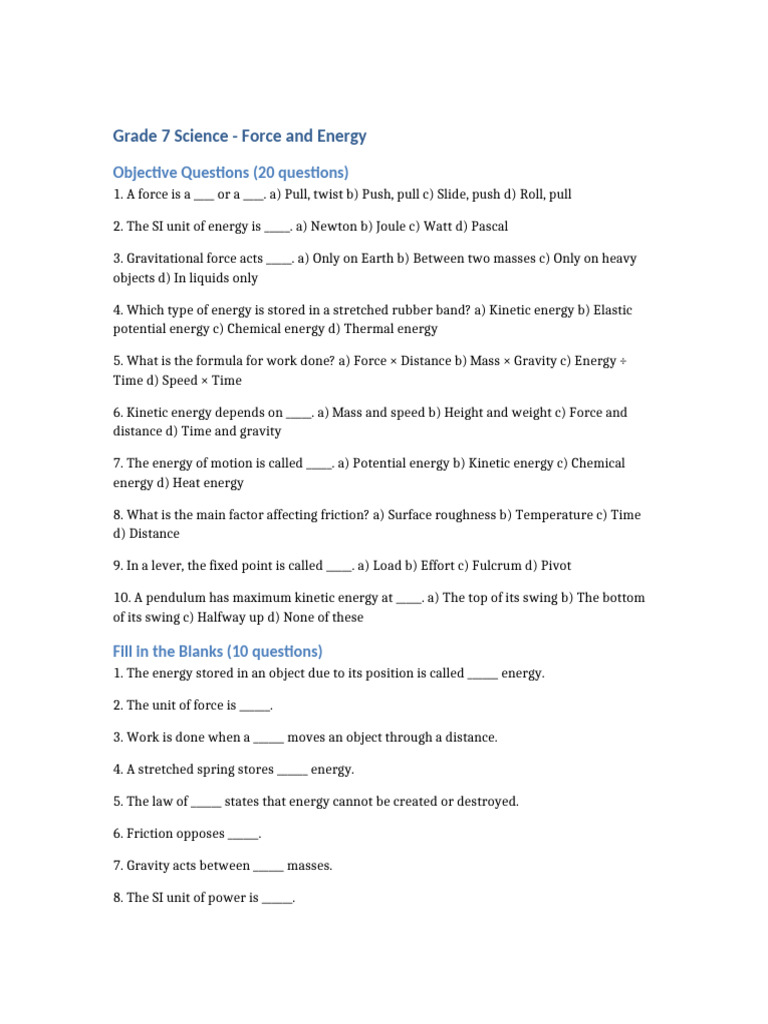 Grade7 Science Force Energy Final Complete | PDF | Force | Potential Energy