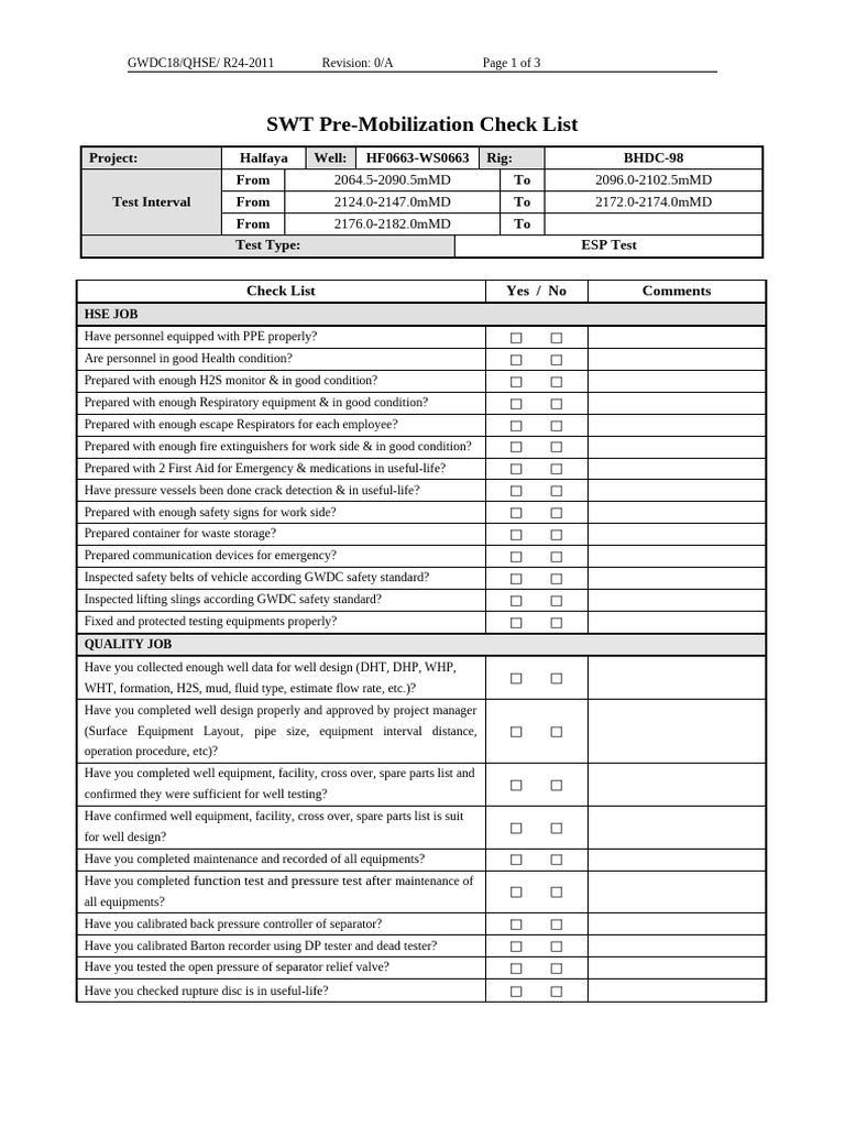 2.SWT Pre-mobilization check list | PDF | Valve | Gases