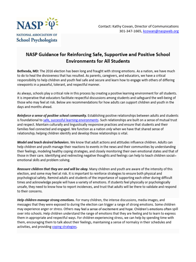NASP Guidance for Reinforcing Safe, Supportive and Positive School ...