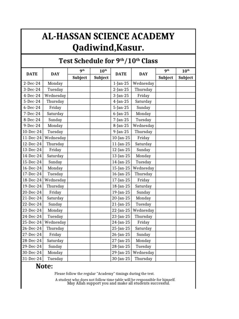 Test Schedule 9th and 10th 2024-2025 | PDF