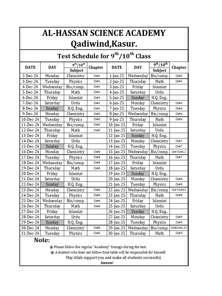 Test schedule 9th and 10th 2024-2025.chnage xlsx | PDF