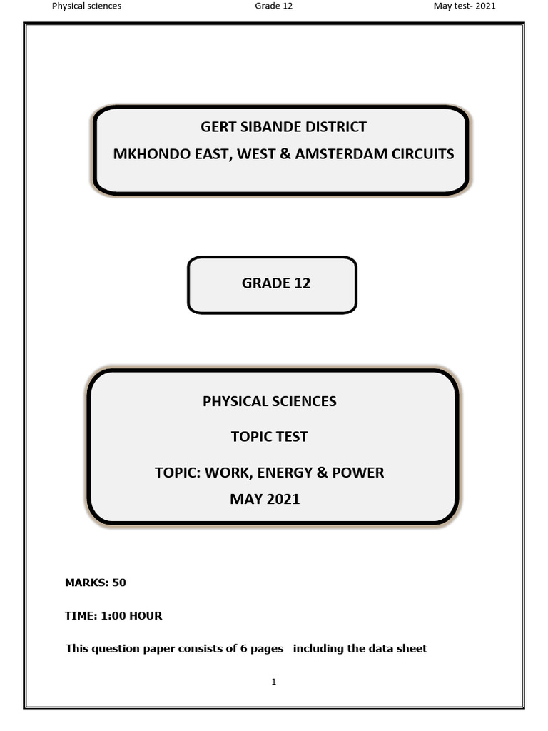 Grade 12 Physical Sciences Test: Work, Energy, Power | PDF | Force ...
