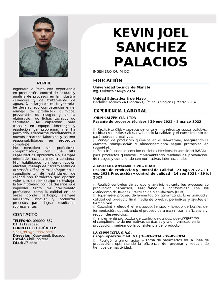 CV Kevin Sanchez | PDF | Calidad (comercial) | Laboratorios