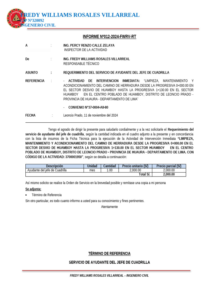 Informe #012-2024-FWRV-RT - Ayudante Del Jefe de Cuadrilla | PDF