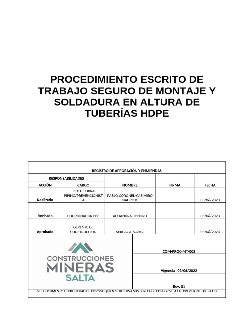 COM-PROC-MC-002 - Rev. 01. Montaje y Soldadura en Altura de Tuberia de HDPE | PDF | Grúa ...
