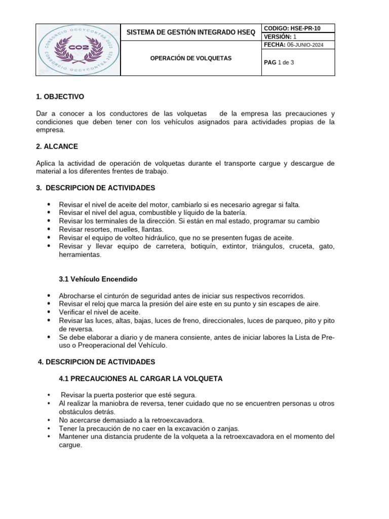 HSE-PR-10 Operacion de Volquetas | PDF | Vehículos