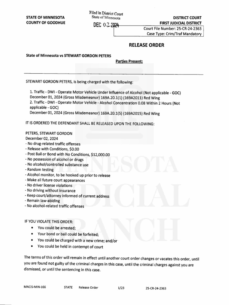 Release Order for DWI Case in MN | PDF | Bail | Driving Under The Influence