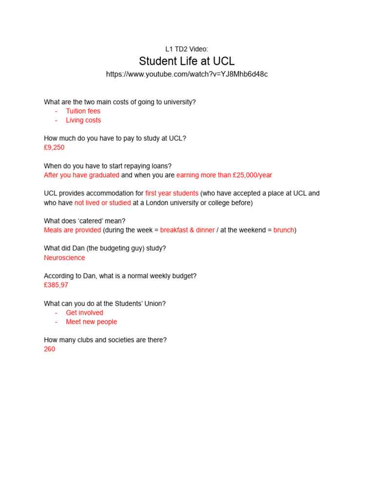 L1 TD2 Video Student Life at UCL | PDF