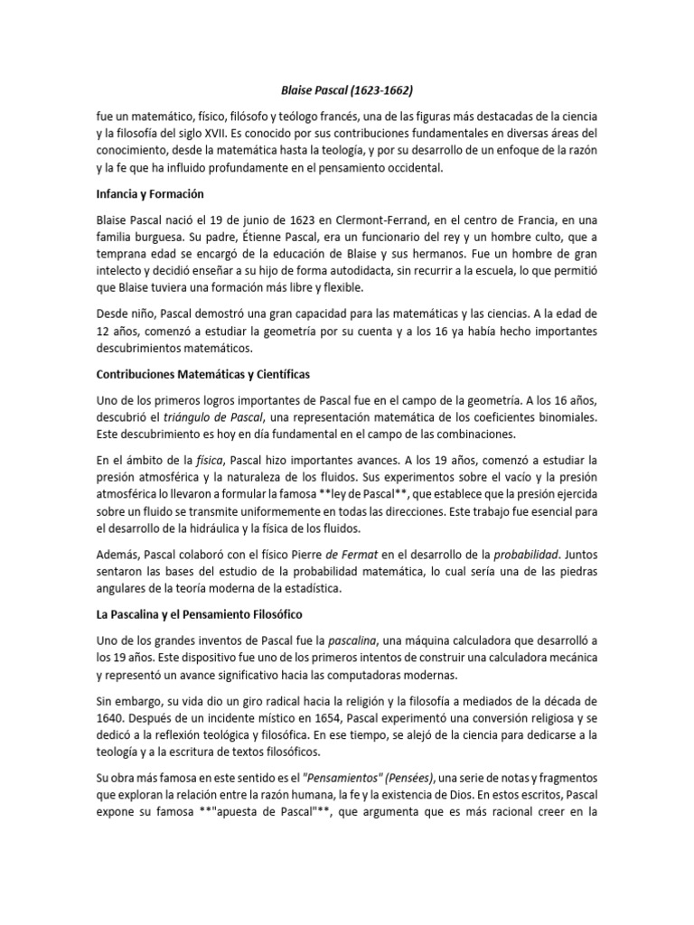Biografía de Blaise Pascal: Vida y Legado | PDF