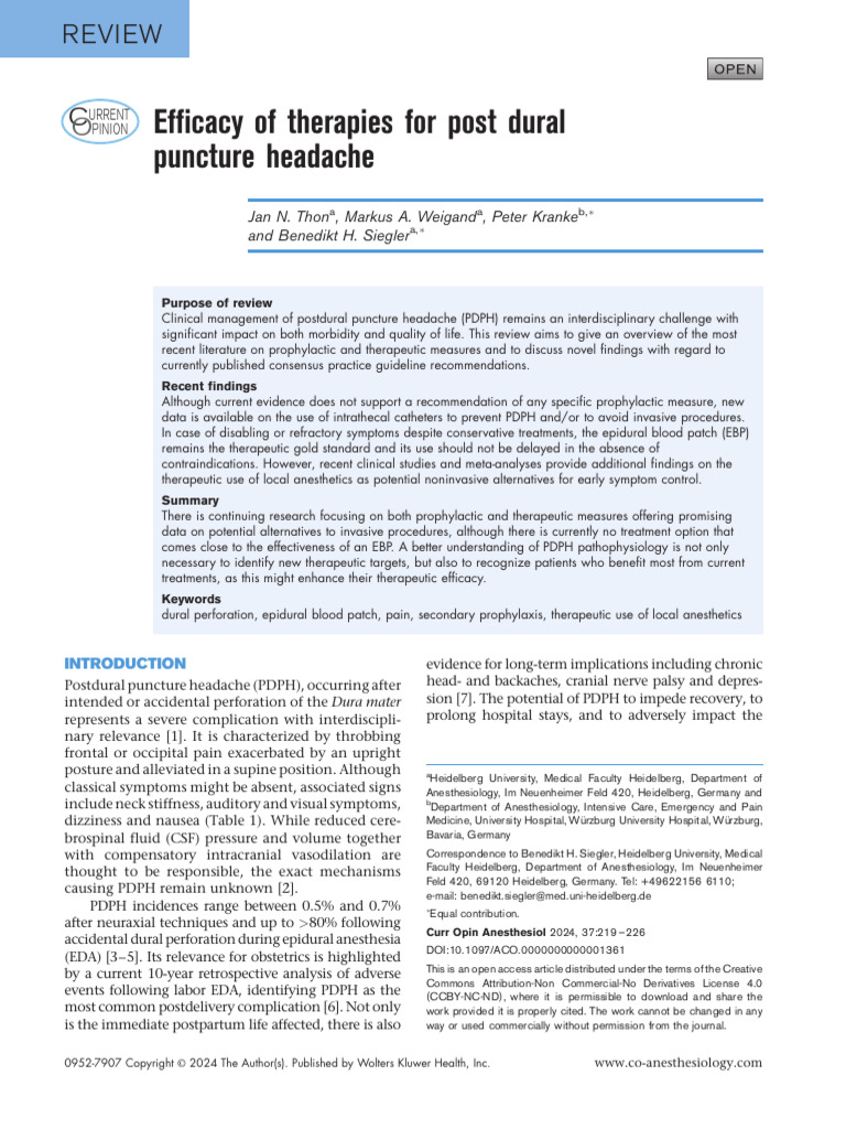 Efficacy of therapies for post dural puncture headache, [2024] | PDF ...