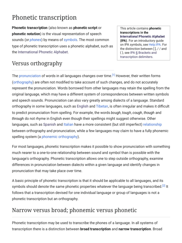 Phonetic Transcription - Wikipedia (1) | PDF | Human Communication | Writing