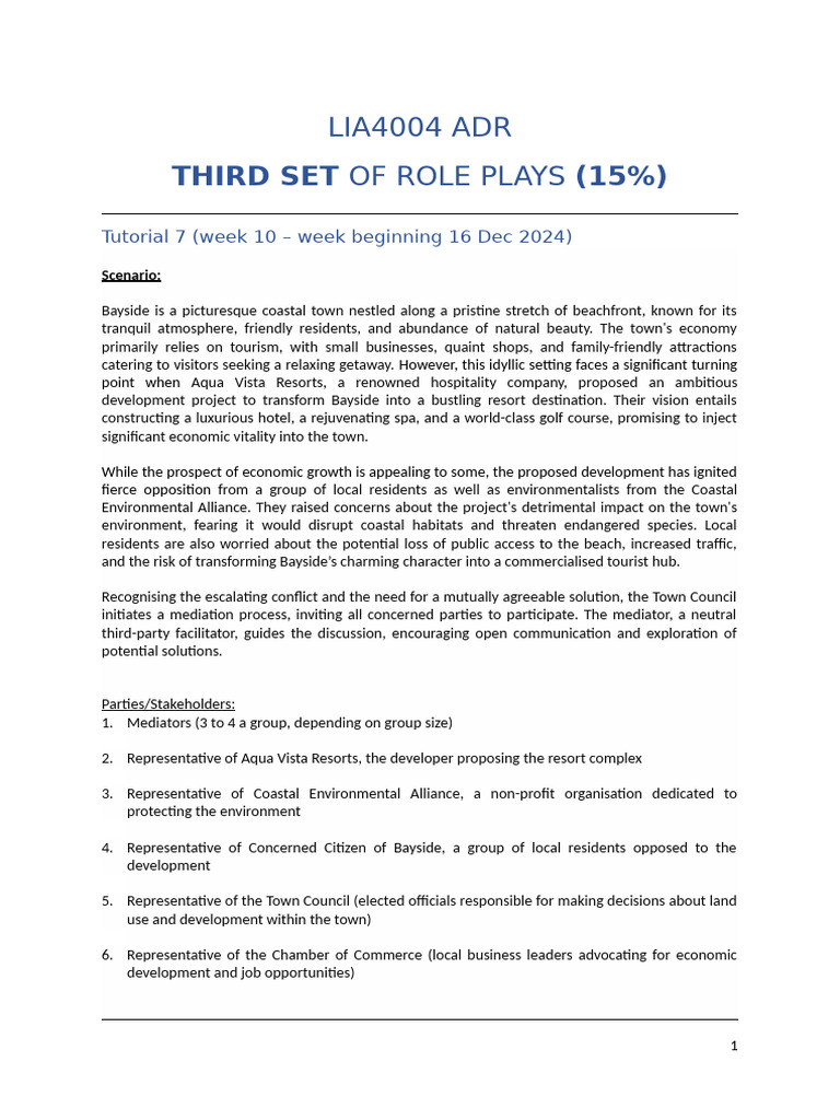 ADR Tutorial 7 8 - 3rd Set of Role Plays (2024 - 2025) | PDF | Mergers And Acquisitions | Mediation
