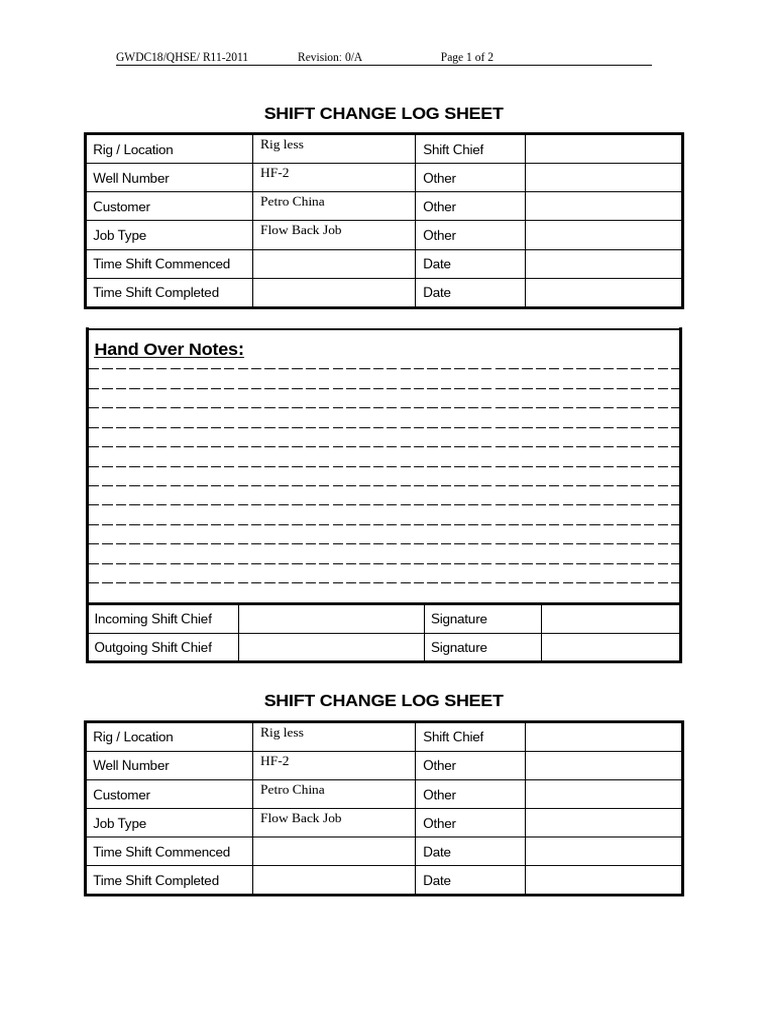 Shift Change Log Sheet | PDF