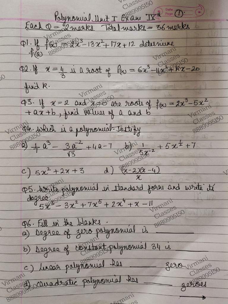 Class 9 Polynomials Test | PDF