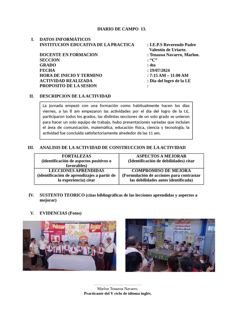 Diario de Campo 12° Jueves 18-07-2024 | PDF