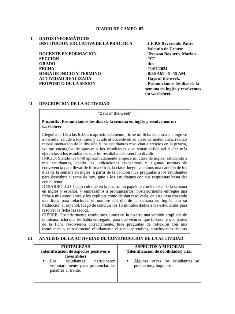 Diario de Campo 07° Jueves 11-07-2024 | PDF | Aprendizaje