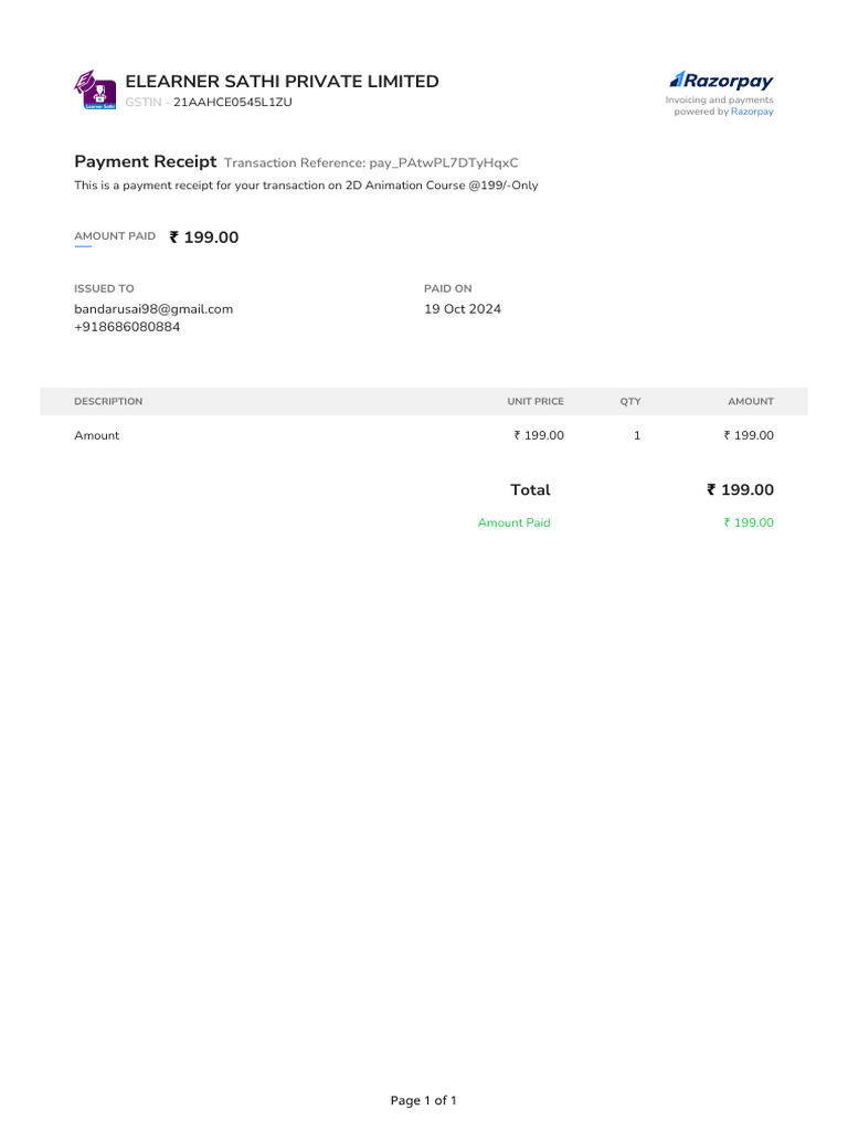 Receipt Pay - PAtwPL7DTyHqxC From Elearner Sathi (Paid) | PDF