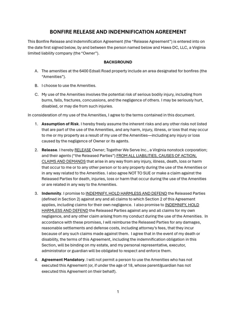 Bonfire Release Agreement | PDF | Indemnity | Business Law