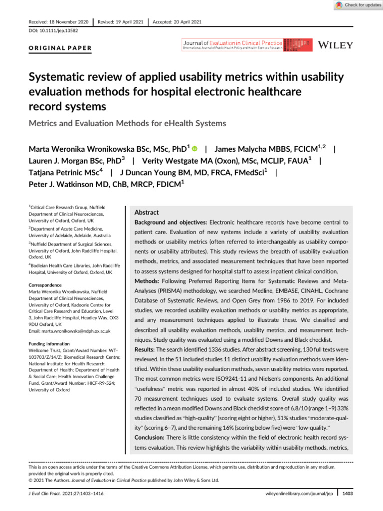 Evaluation Clinical Practice 2021 Wronikowska Systematic Review Of Applied Usability