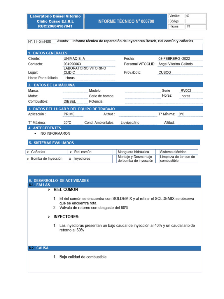INFORME TECNICO RV002 | PDF | Inyección de combustible | Motor diesel