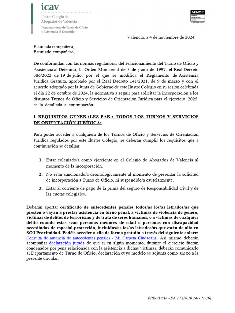 Circular Inscripción Turno de Oficio | PDF | Defensor público | Abogado
