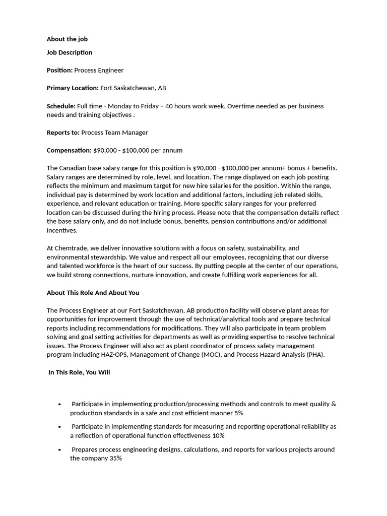 Process Engineer Job in Fort Saskatchewan | PDF | Business | Economies