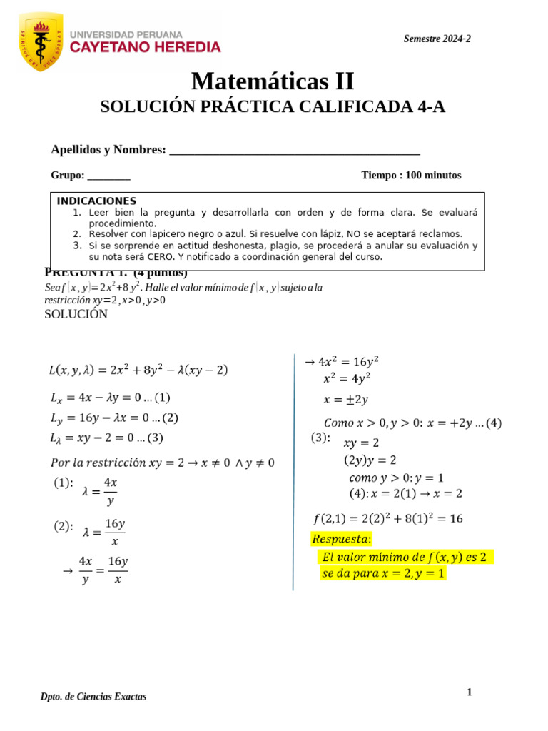 SOLUCIÓN PRÁCTICA CALIFICADA 4 M2 A | PDF | Matemáticas | Análisis matemático