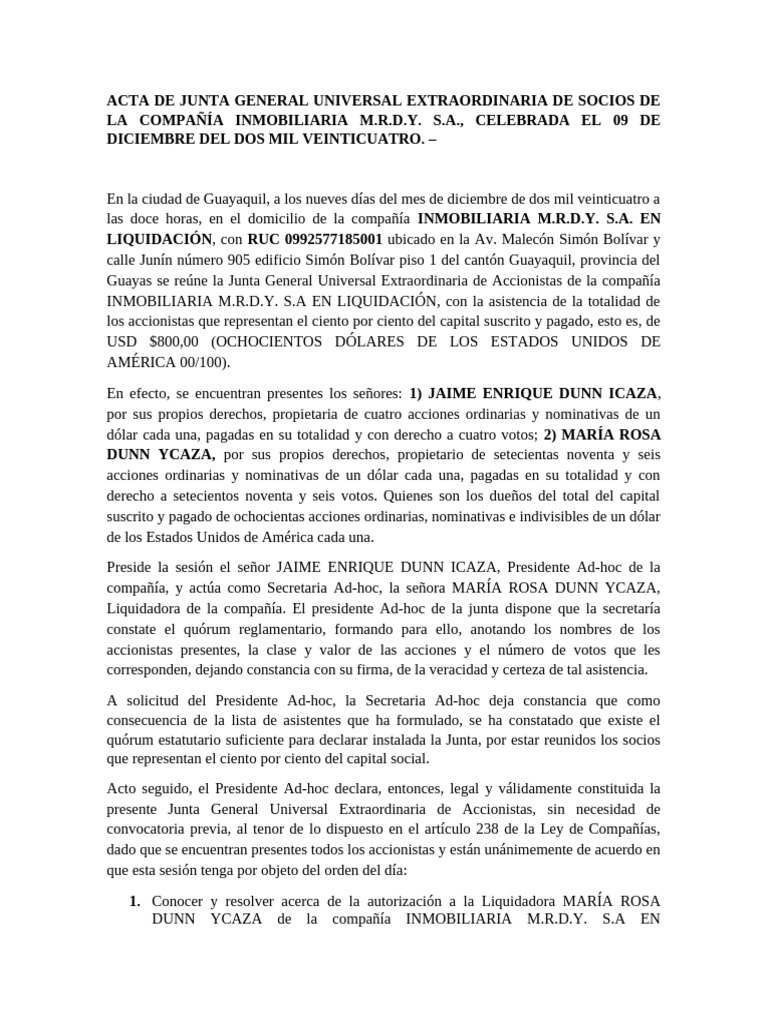 Acta de Junta General Universal 09-06-02-5-4-037-016 | PDF