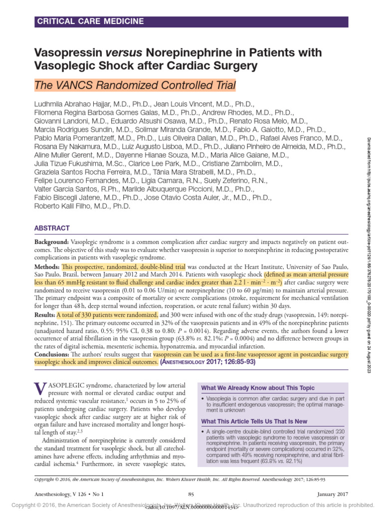 Vasopressin Versus Norepinephrine in Patients With Vasoplegic Shock After Cardiac Surgery - The ...