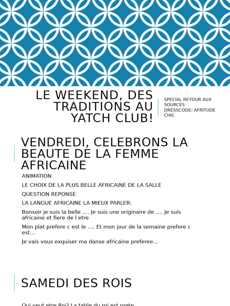 LE WEEKEND, CELEBRONS NOTRE CULTURE AU YATCH Club | PDF