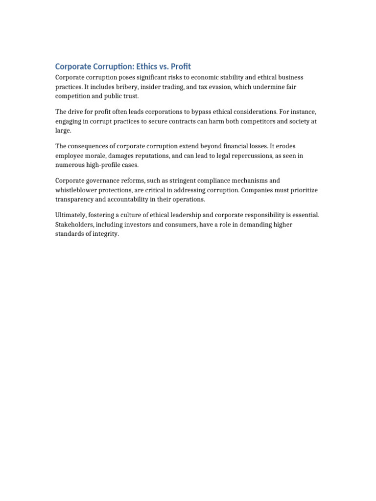 Corporate Corruption Ethics vs. Profit | PDF