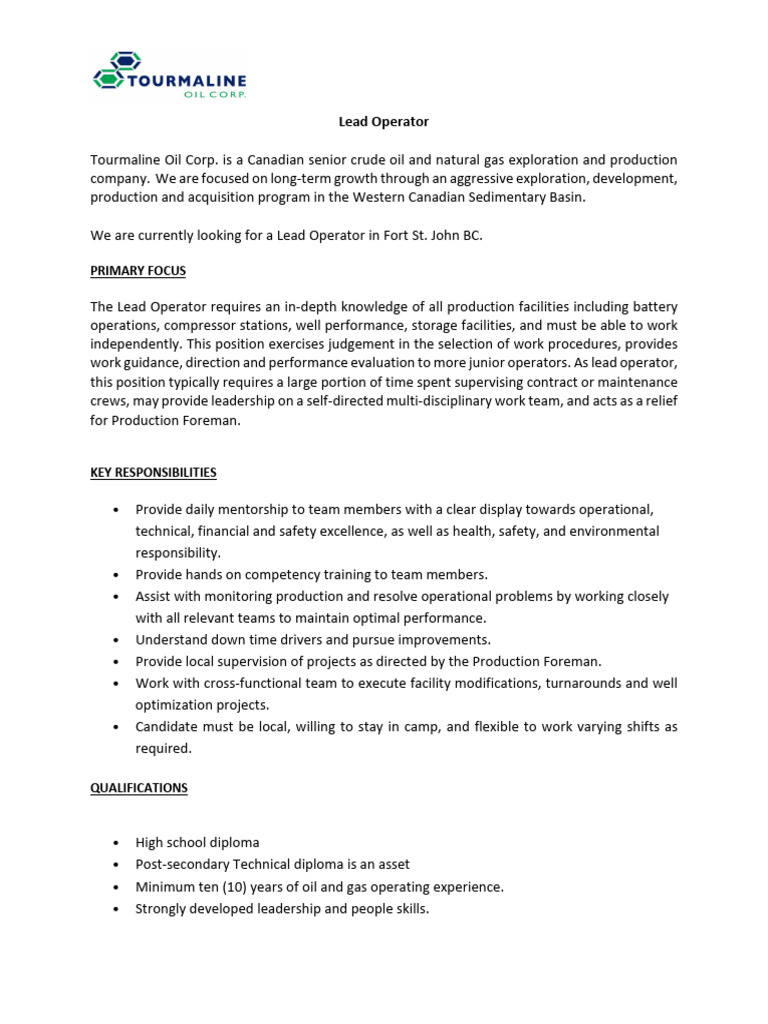 TOURMALINE OIL LEAD OPERATOR | PDF | Mentorship | Leadership