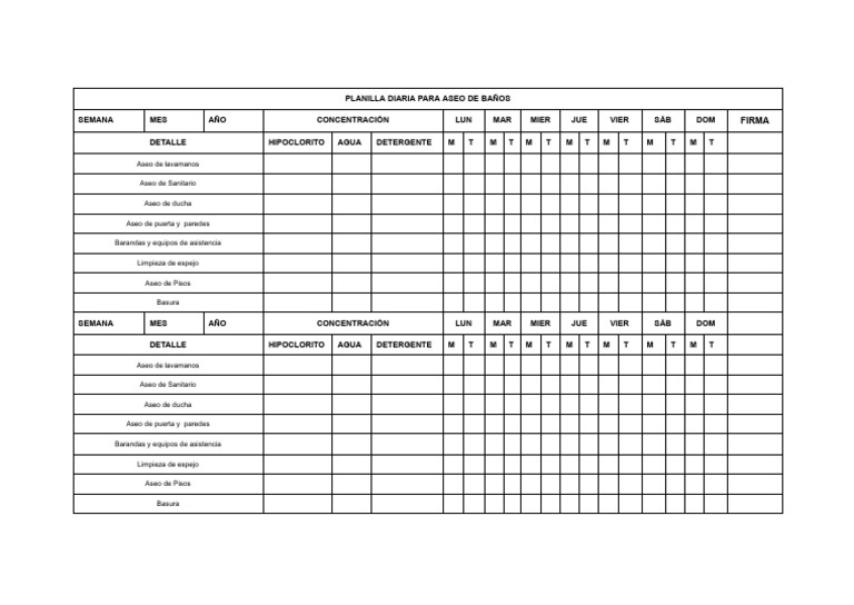 Planilla Diaria para Aseo de Baños | PDF