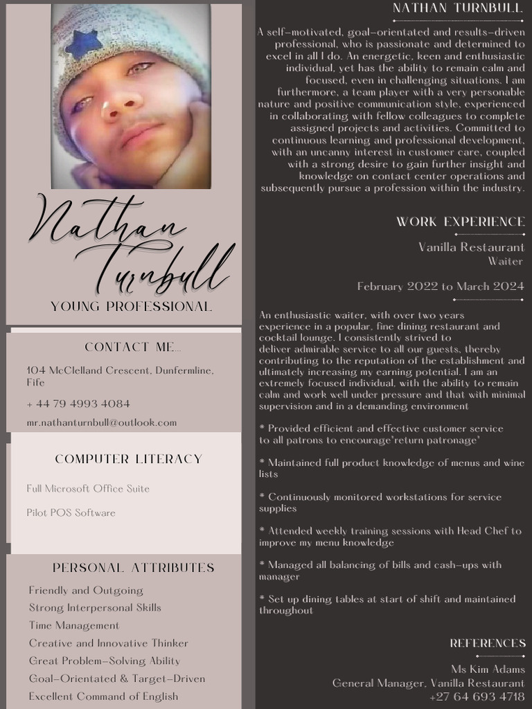 Nathan Turnbull Curriculum Vitae | PDF | Restaurants | Menu