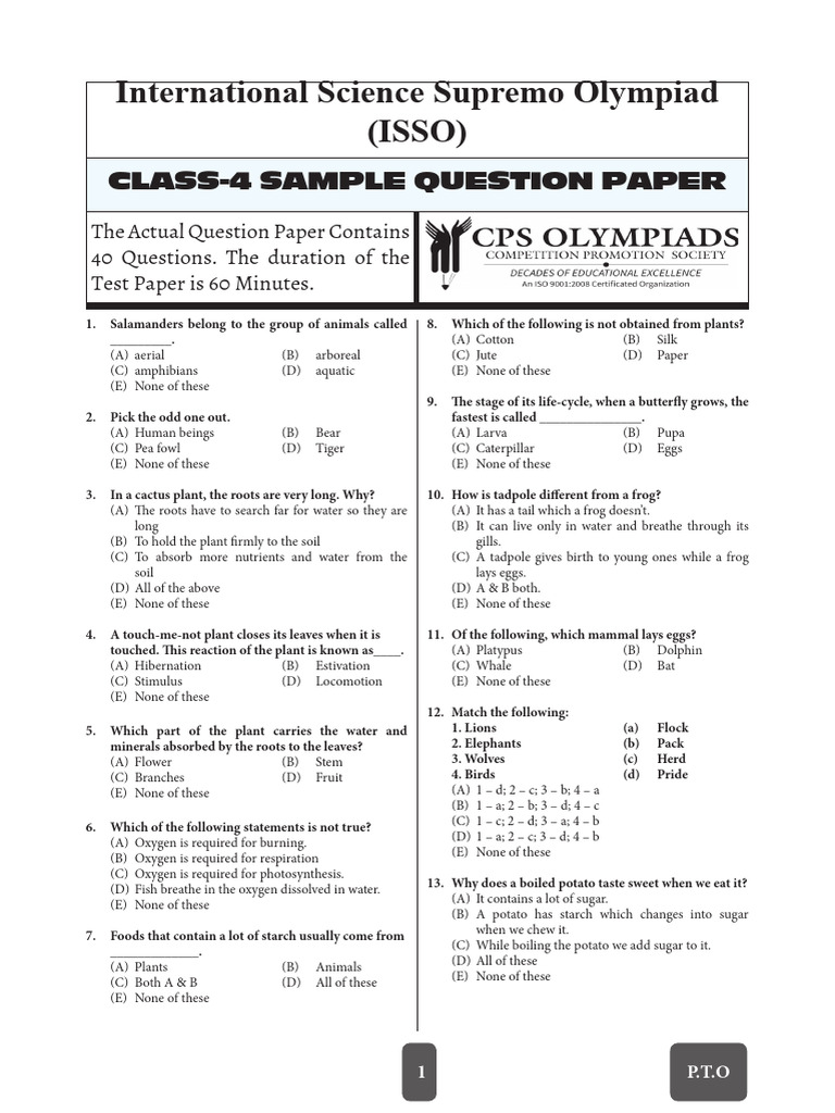 ISSO Class 4 Sample Question Paper | PDF | Frog | Foods
