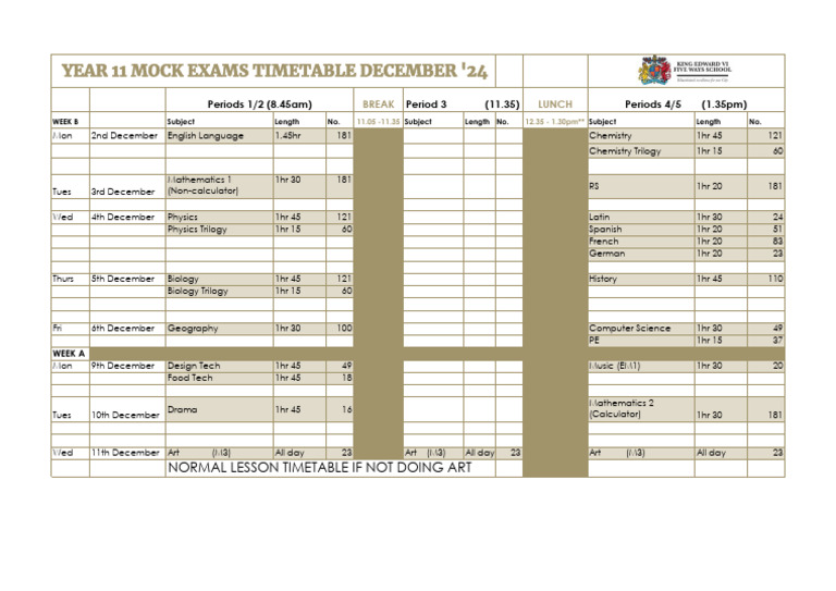 Year 11 Mock Exam Timetable | PDF | Science