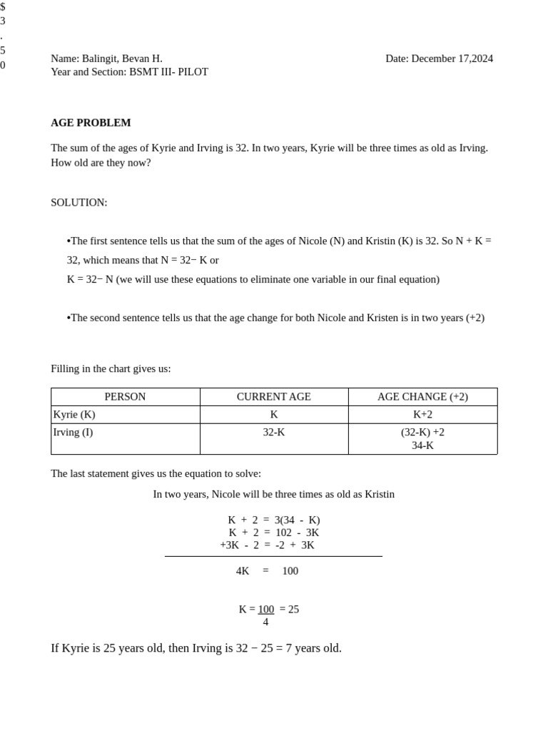 Age Word Problem, Mixture Problem and Distance, Rate and Time Problem - Math in Modern World ...