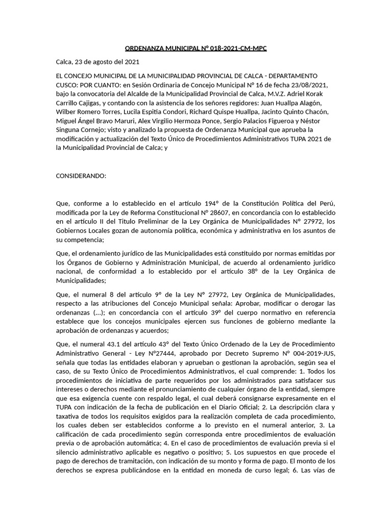 Ordenanza Municipal 018-2021-CM-MPC | PDF | Gobierno | Gobernancia