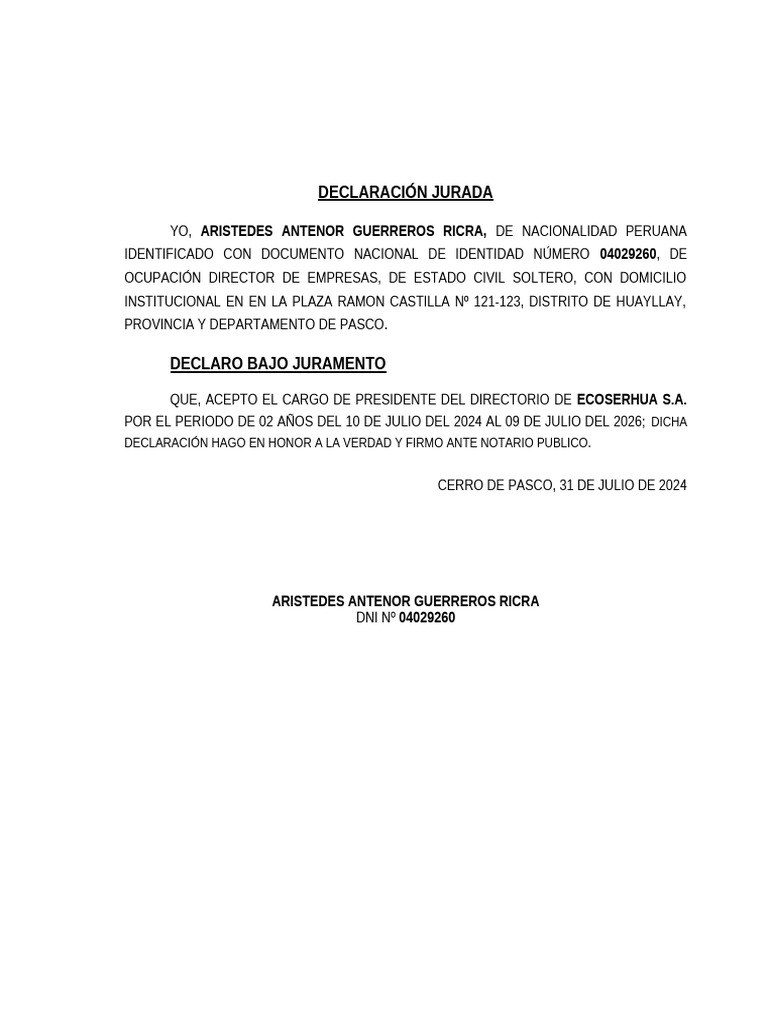 Declaracion Jurada de Aceptacion | PDF | Documento de identidad | Perú