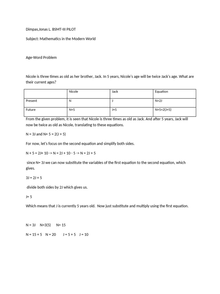 Age Word Problem, Mixture Problem, Distance,Time and Rate Problem | PDF ...