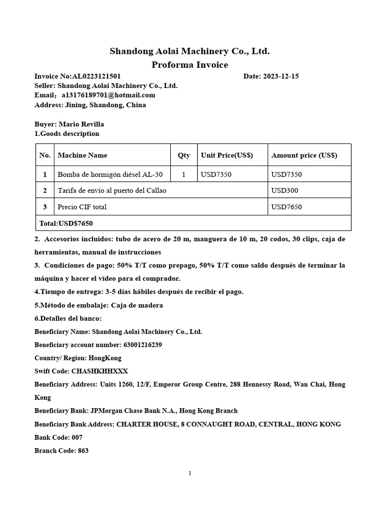 Proforma Invoice Bomba de Hormigón AL-30 | PDF
